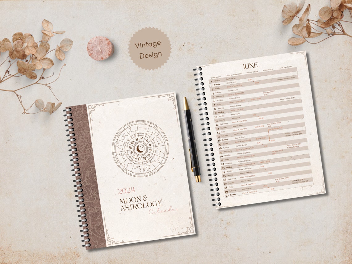 2024 Astrology Calendar, Vintage Design, Moon Phases, Planetary ...