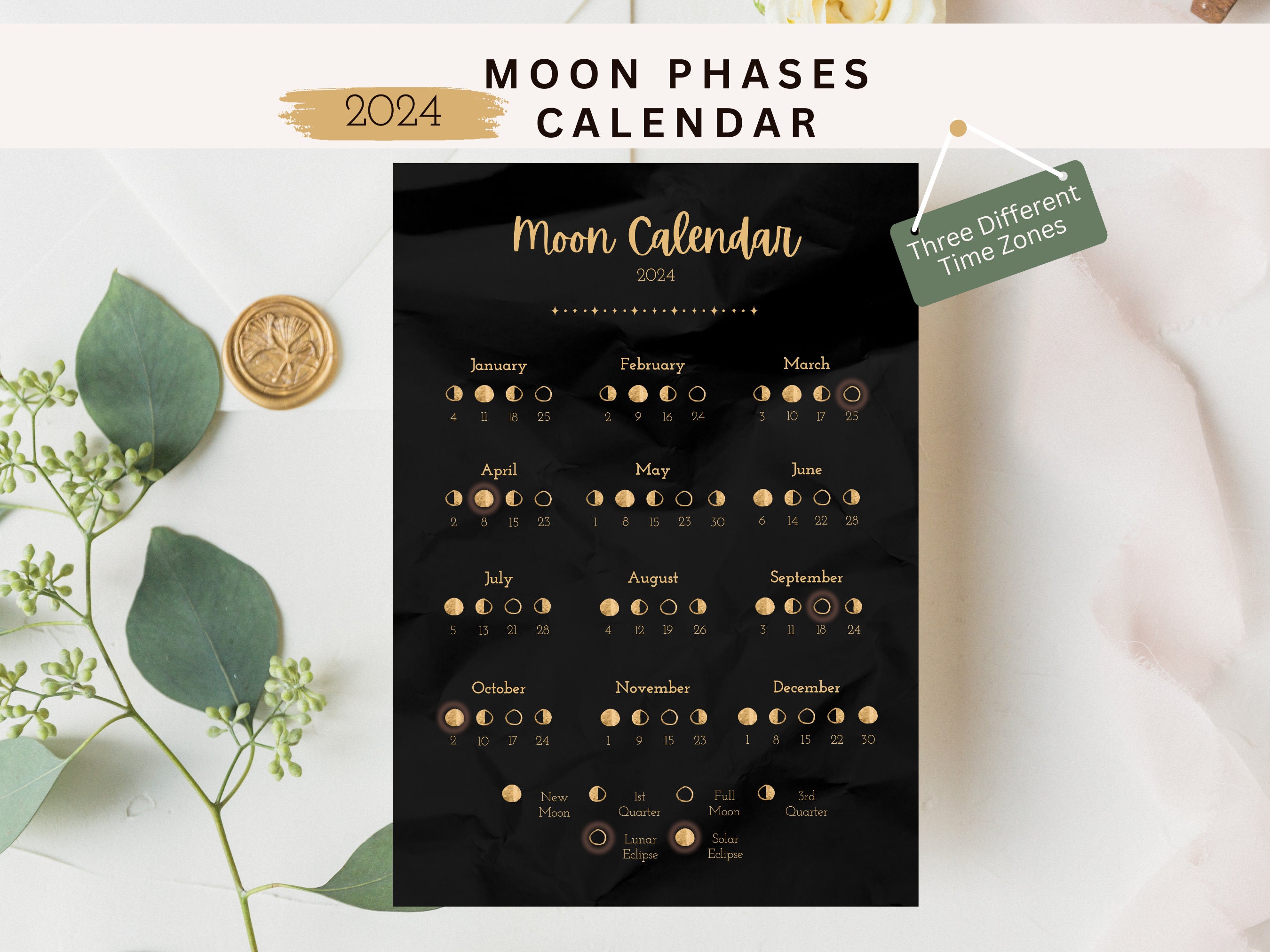 Moon Phases Calendar 2024 Minimalist Lunar Calendar Design Celestial ...