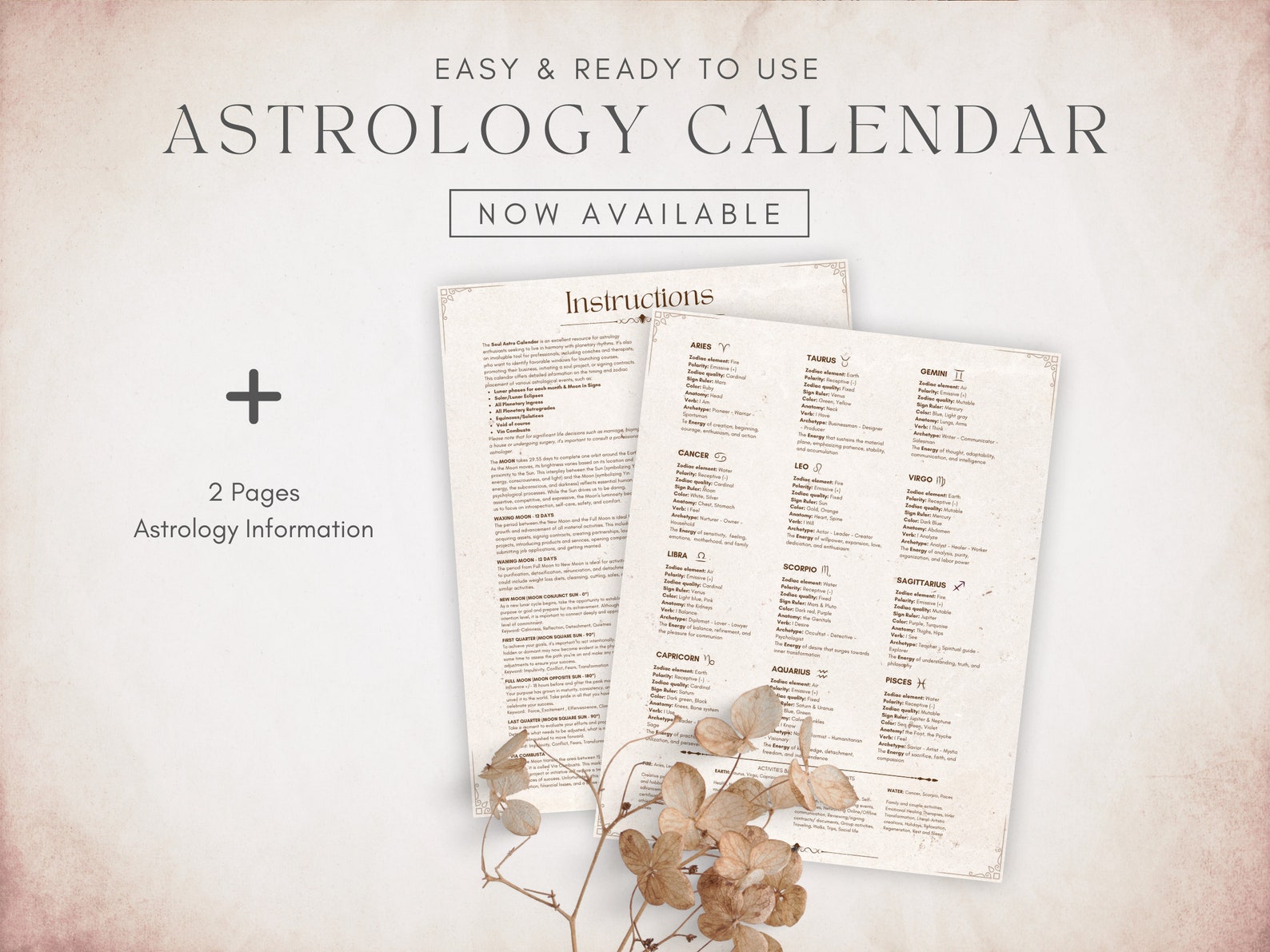 2024 Astrology Calendar, Vintage Design, Moon Phases, Planetary ...