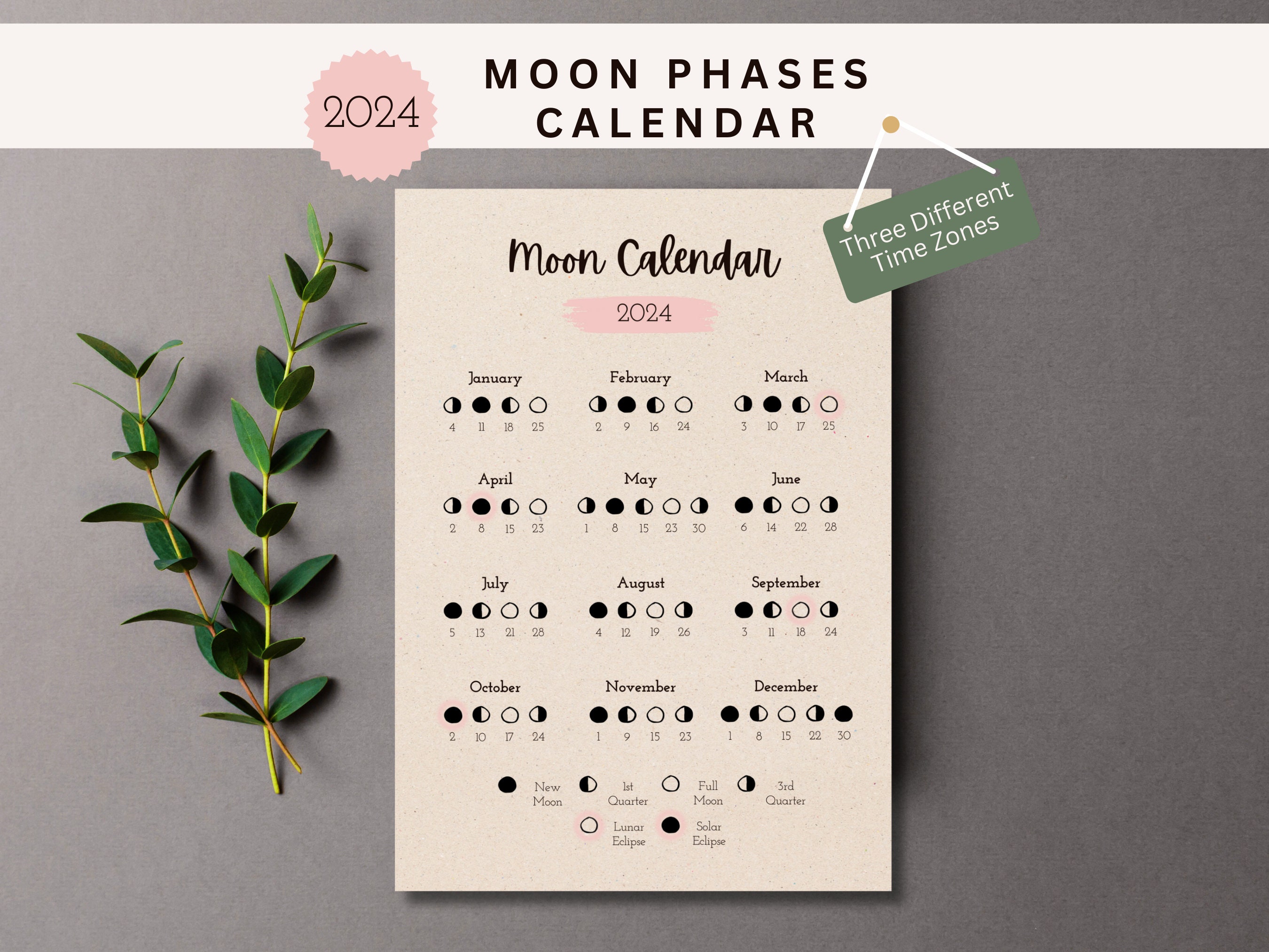 Moon Phases Calendar 2024 ∣ Minimalist Lunar Calendar Design ∣ ...
