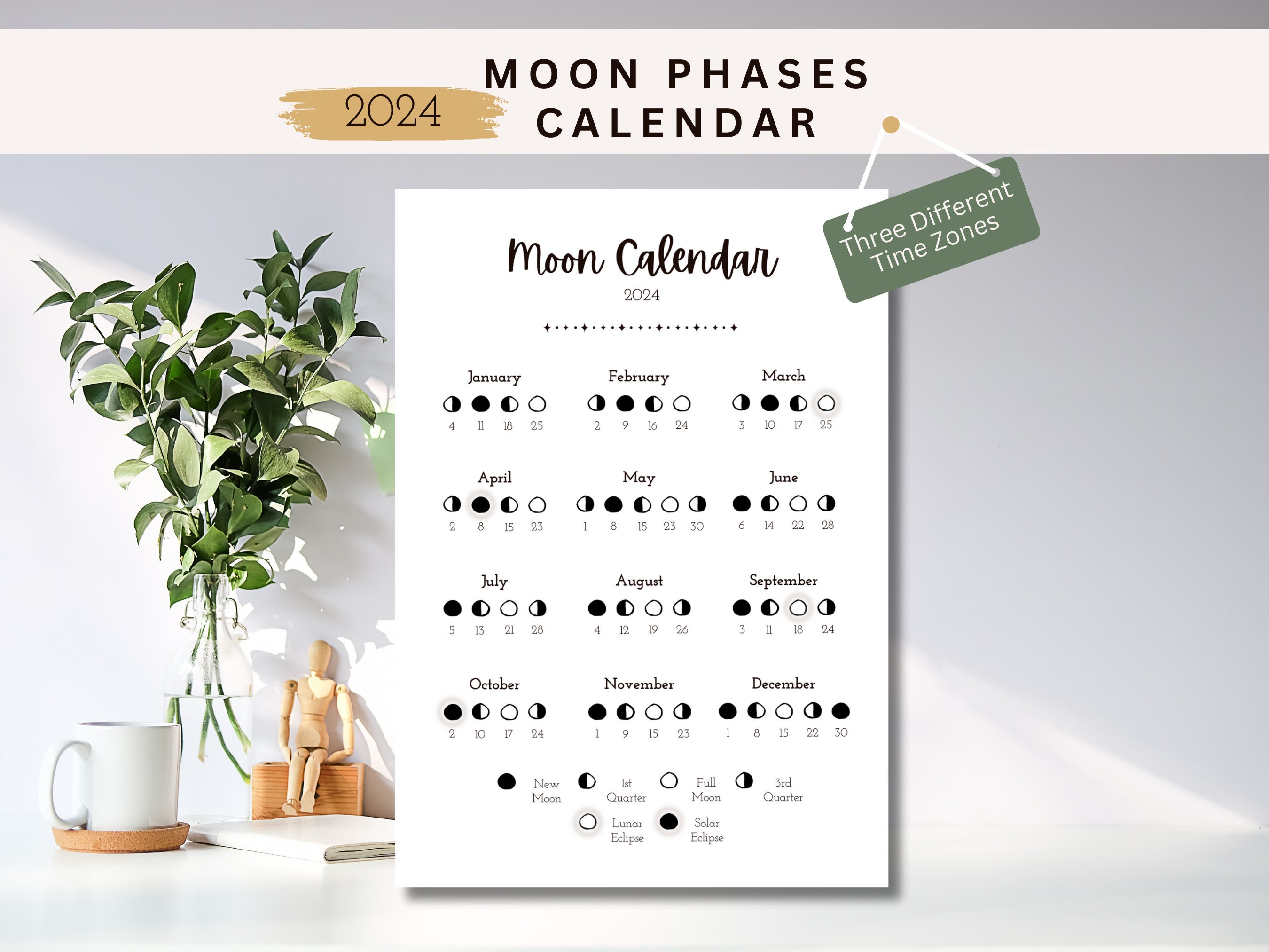 Moon Phases Calendar 2024 Minimalist Lunar Calendar Design Celestial ...