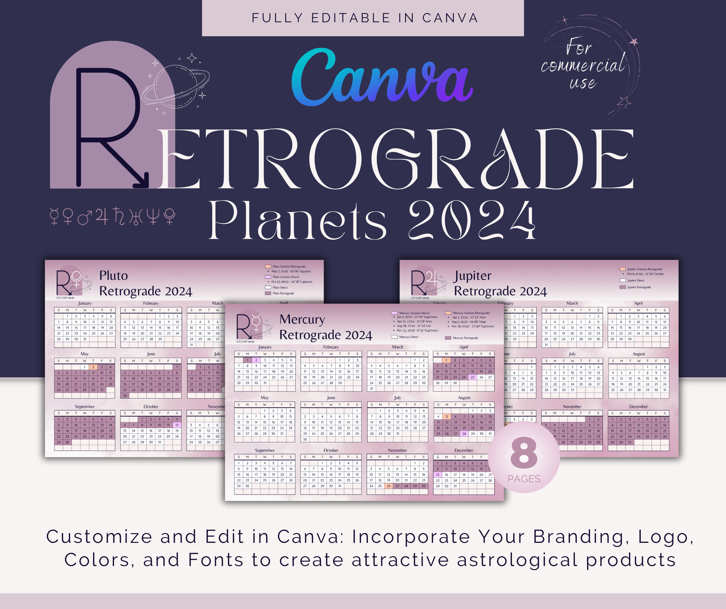 2024 Retrograde Planets Calendar & Tracker Editable in Canva Printable ...