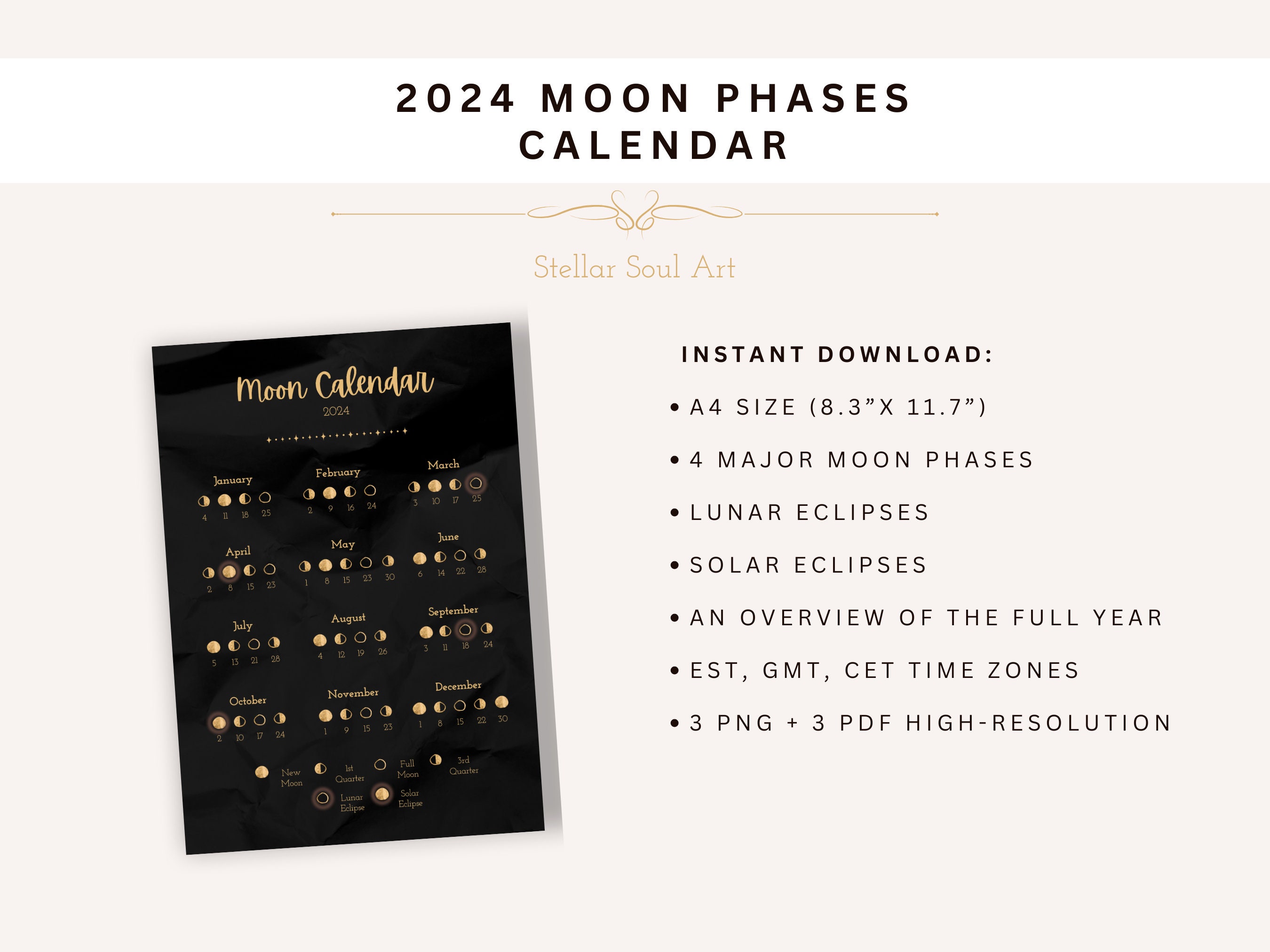 Moon Phases Calendar 2024 Minimalist Lunar Calendar Design Celestial ...