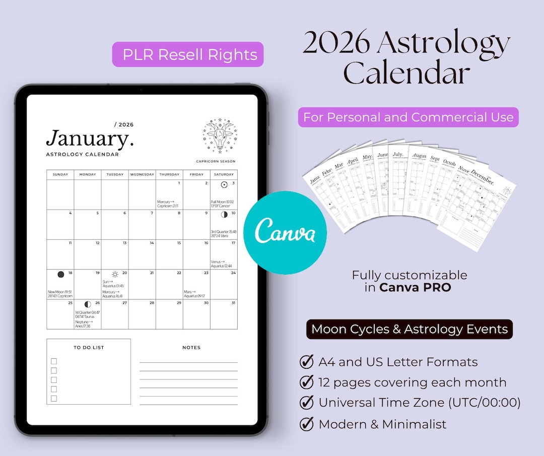 2026 Astrology Calendar PLR | Zodiac Signs, Moon Phases, Retrogrades ...