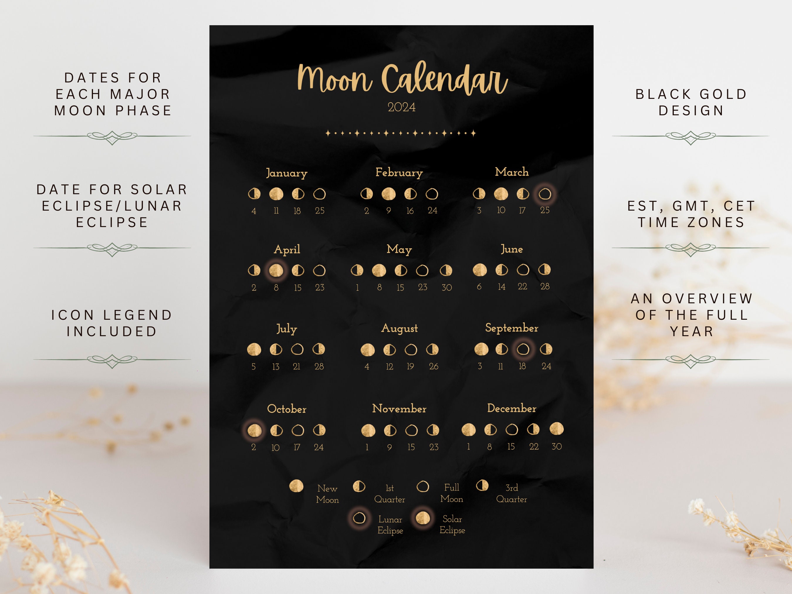 Moon Phases Calendar 2024 Minimalist Lunar Calendar Design Celestial ...