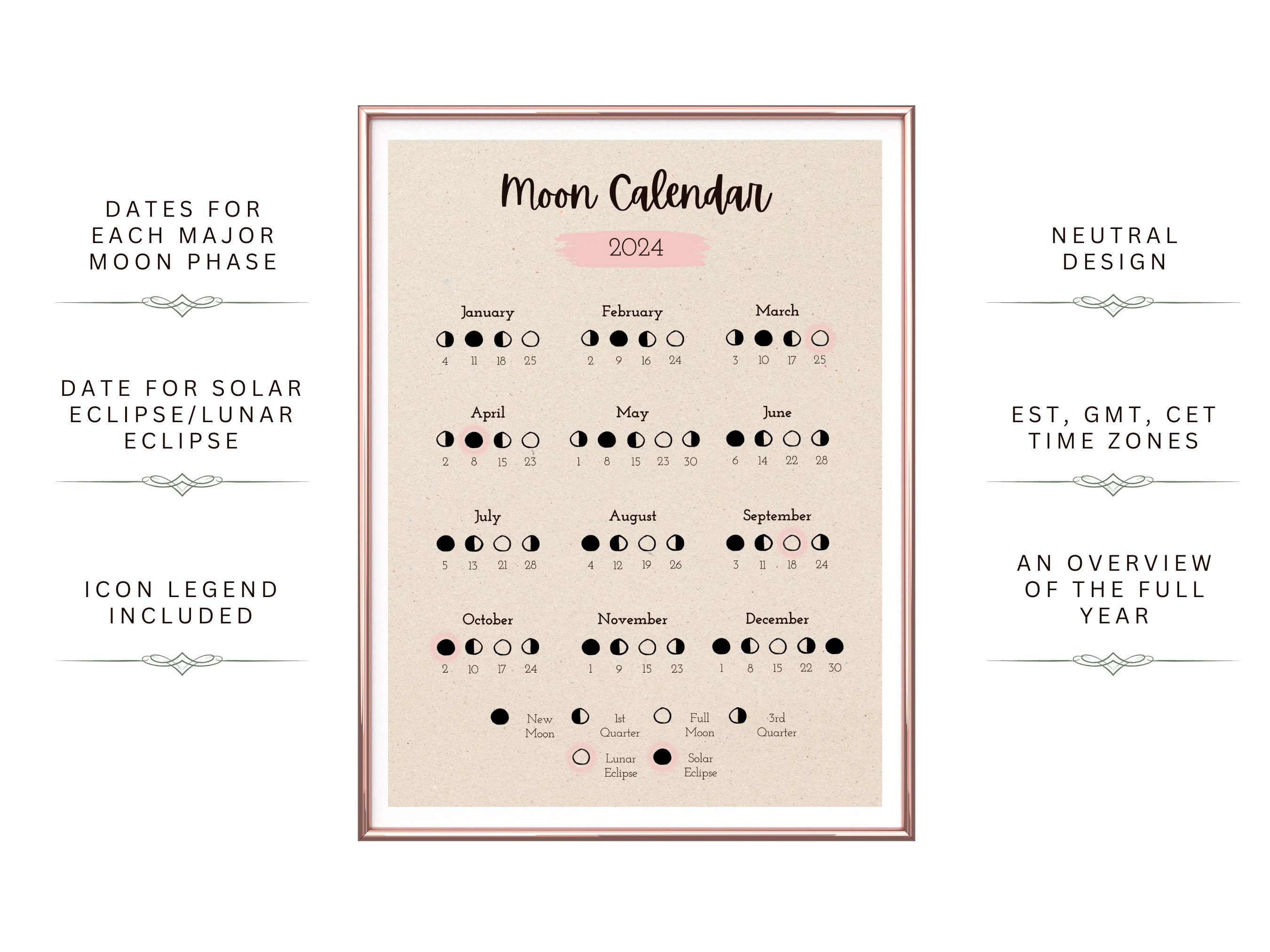 Moon Phases Calendar 2024 ∣ Minimalist Lunar Calendar Design ∣ ...