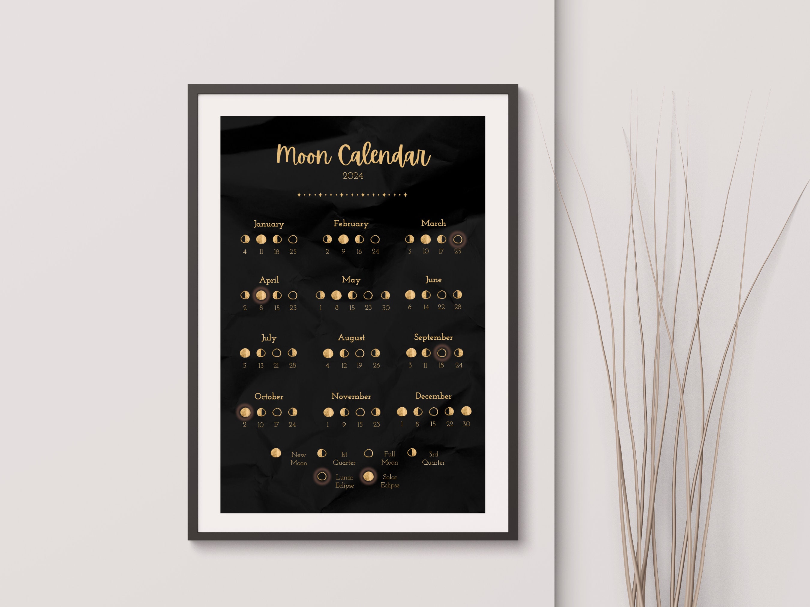 Moon Phases Calendar 2024 Minimalist Lunar Calendar Design Celestial ...