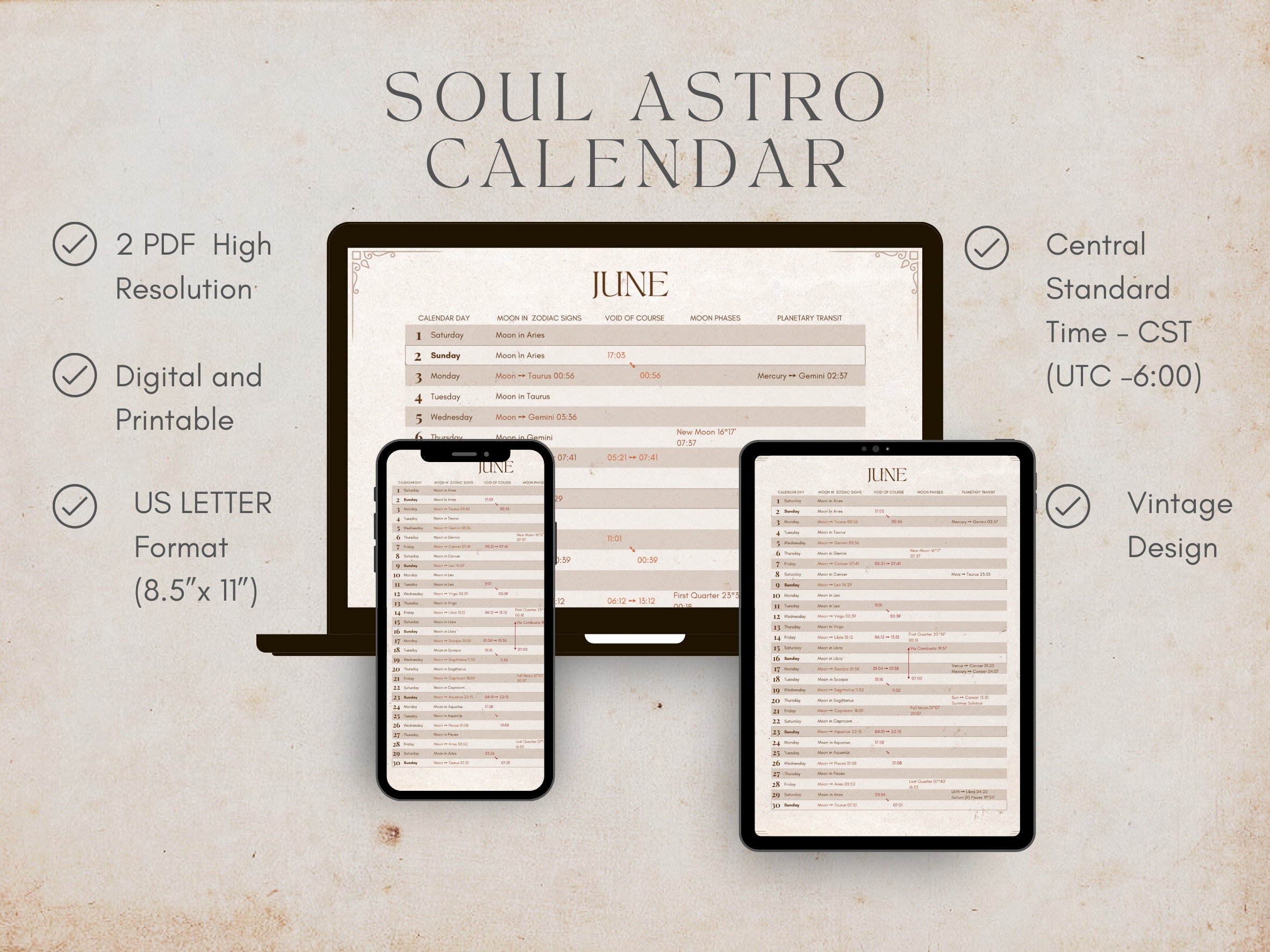 2024 Astrology Calendar, Vintage Design, Moon Phases, Planetary ...