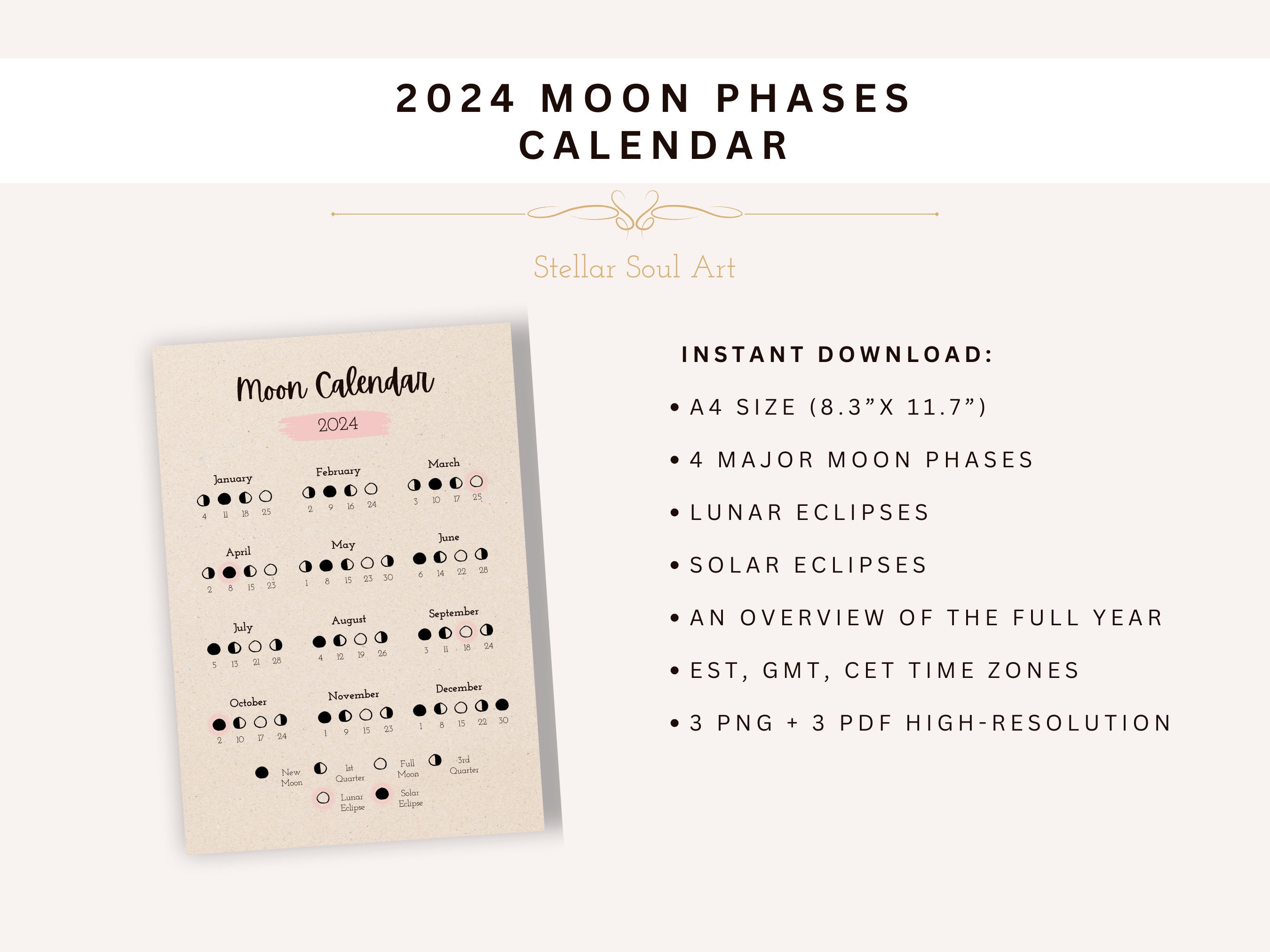Moon Phases Calendar 2024 ∣ Minimalist Lunar Calendar Design ∣ ...