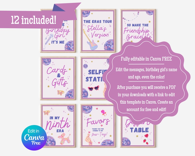 Birthday Era Swiftie Icon Set of 12 Party Posters 8x10| Girl Birthday ...