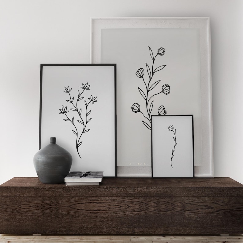 Minimalist Set of 3 Flower Line Art, Modern Botanical Wall Decor ...