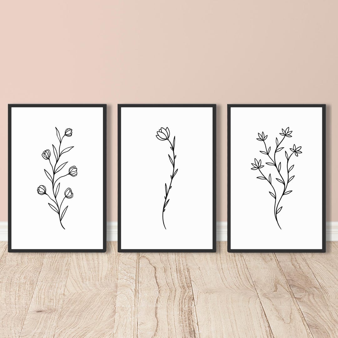 Minimalist Set of 3 Flower Line Art, Modern Botanical Wall Decor ...