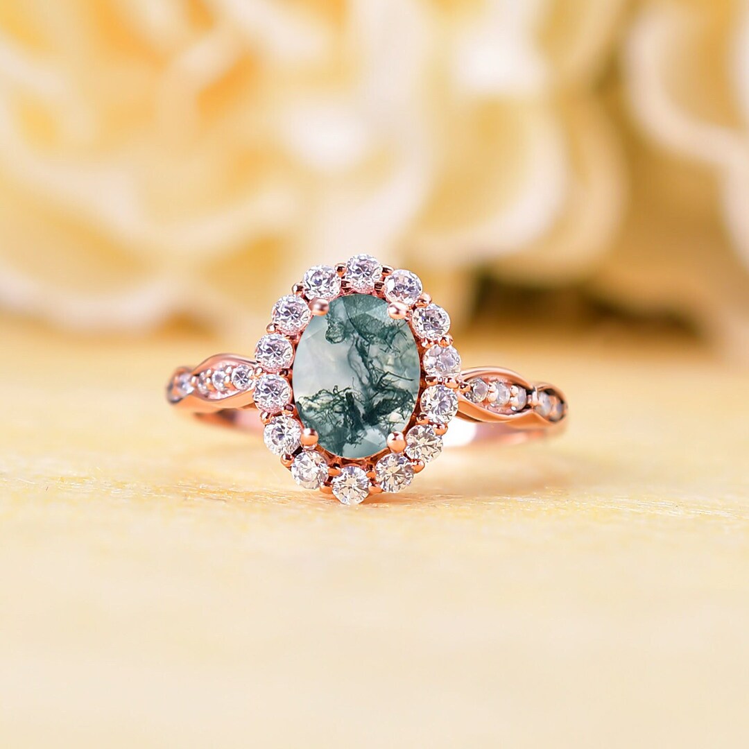 Oval Moss Agate Ring, Sterling Silver, Moissanite Halo - Etsy