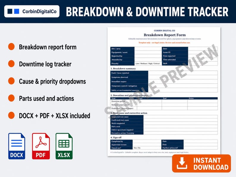 Breakdown Report and Downtime Tracker | Maintenance Log Template ...