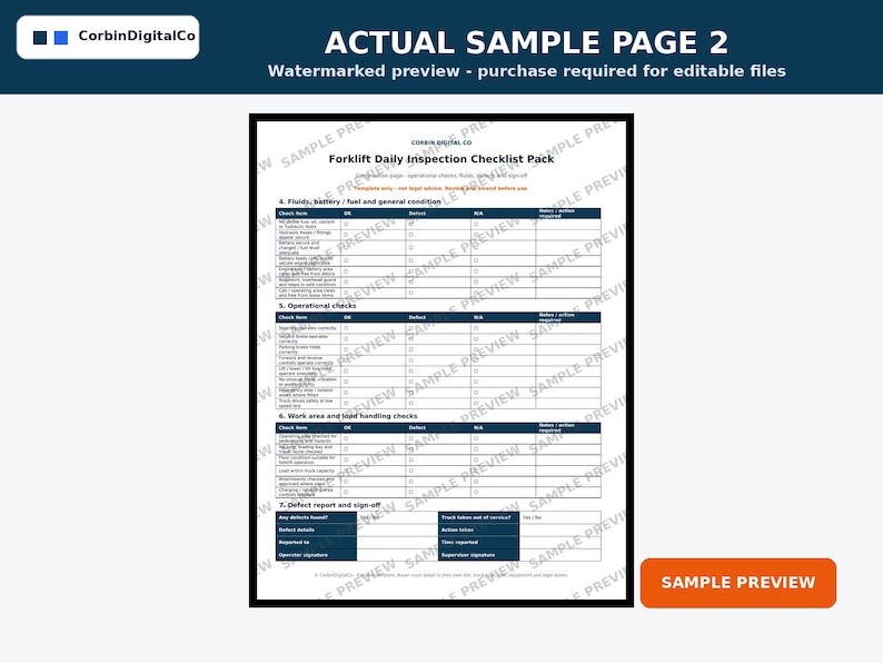 Forklift Daily Inspection Checklist | Pre Use Fork Truck Check Sheet ...