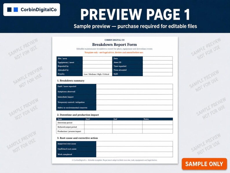 Breakdown Report and Downtime Tracker | Maintenance Log Template ...