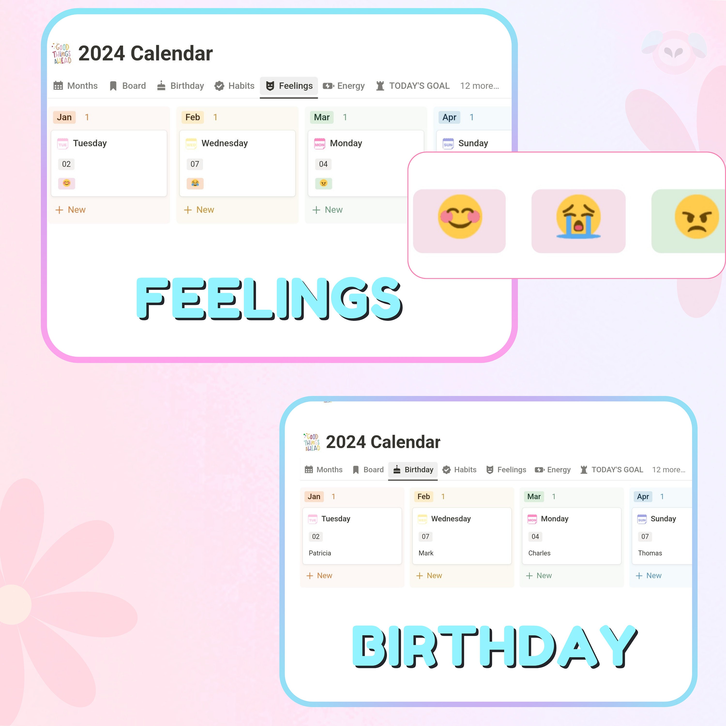 NOTION 2024 Calendar, Emotion Tracking Calendar, Mood Diary, Birthday ...