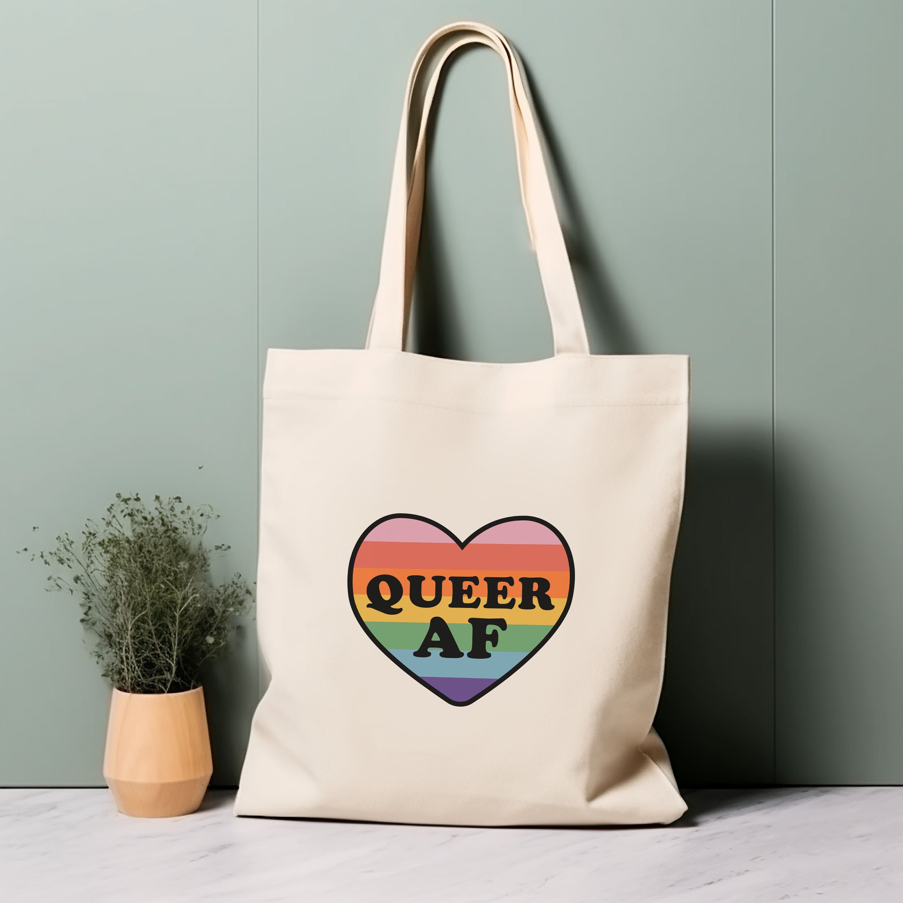 LGBTQIA Pride Tote Bag, Queer AF Rainbow Heart, 100% Cotton Eco ...