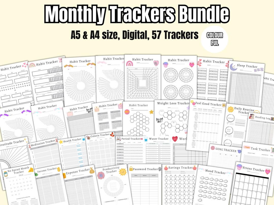 Monthly Trackers Bundle | Digital Bundle of Trackers | Mood Trackers ...