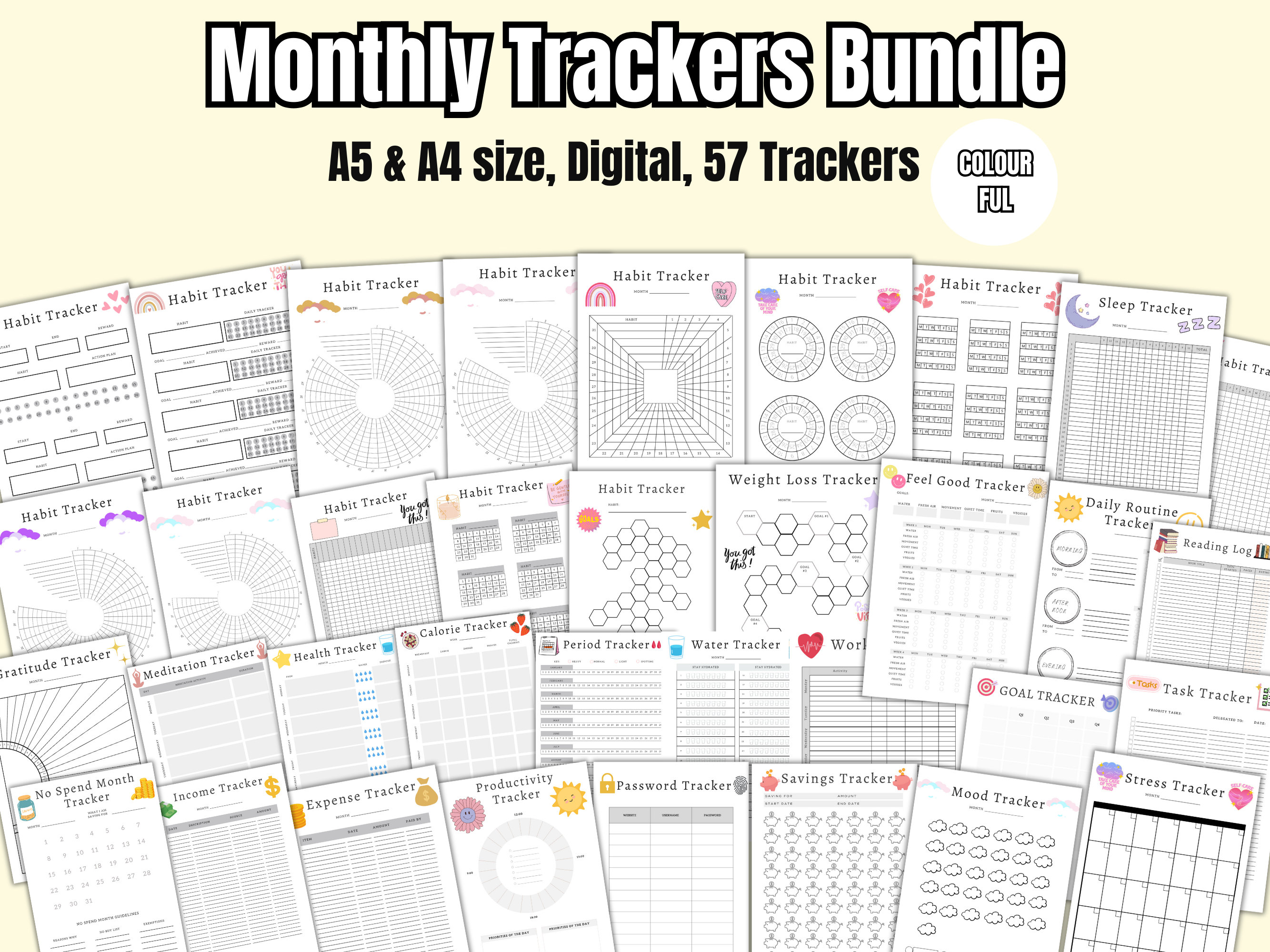 Monthly Trackers Bundle | Digital Bundle of Trackers | Mood Trackers ...