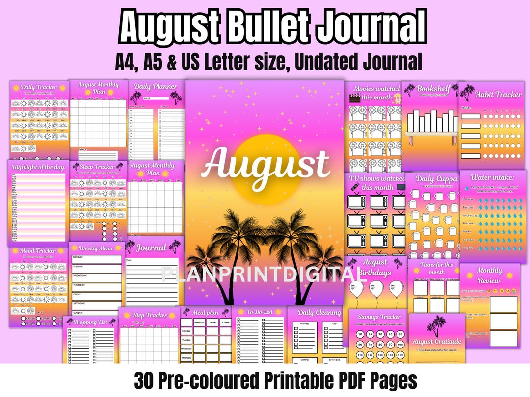 August Bullet Journal Printable | Sunset Theme Planner (digital ...