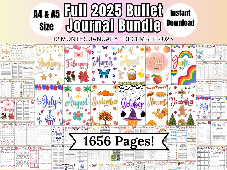 Full 2025 Bullet Journal Bundle Full Year 2025 Colorful Themed Bullet ...