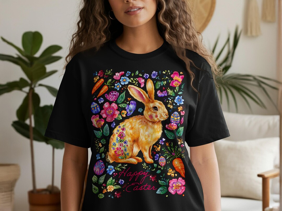 Happy Easter Bunny T-shirt, Watercolor Floral Rabbit Tee, Spring ...
