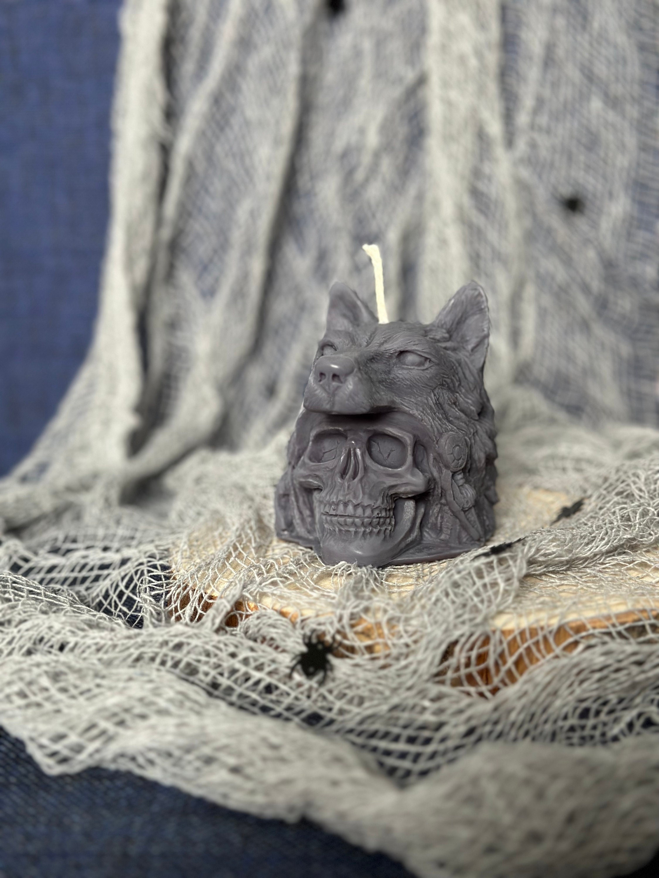 Large Human Skull Candle, Skull With Wolf, Halloween Decor, Halloween ...