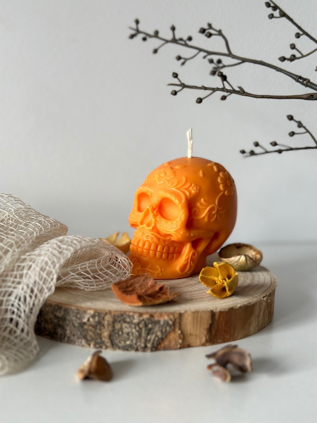 Floral Skull Candle, Large Human Skull Candle, Day of the Dead Candle ...