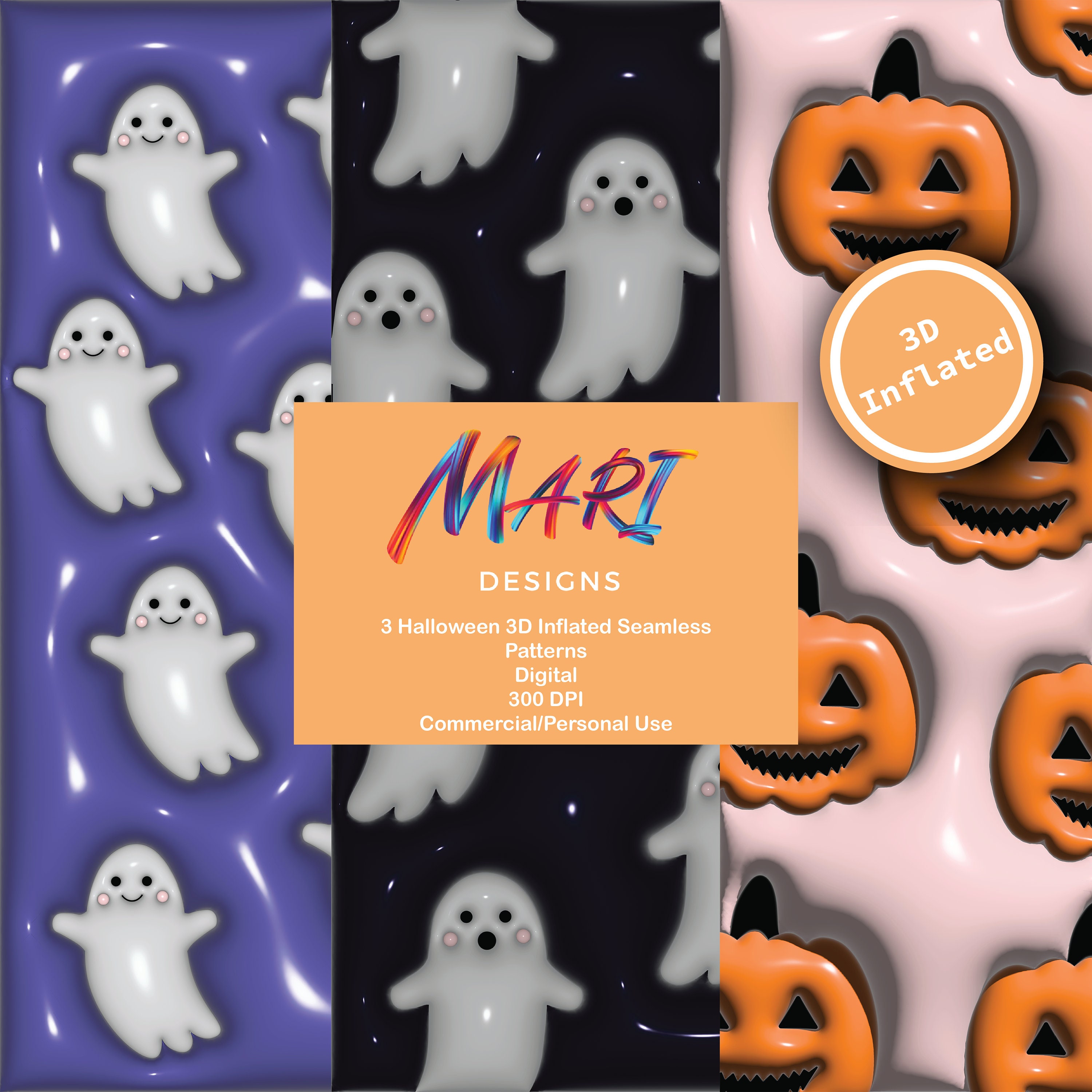 3D Inflated Halloween Puff Seamless Pattern Ghosts Pumpkin Digital ...