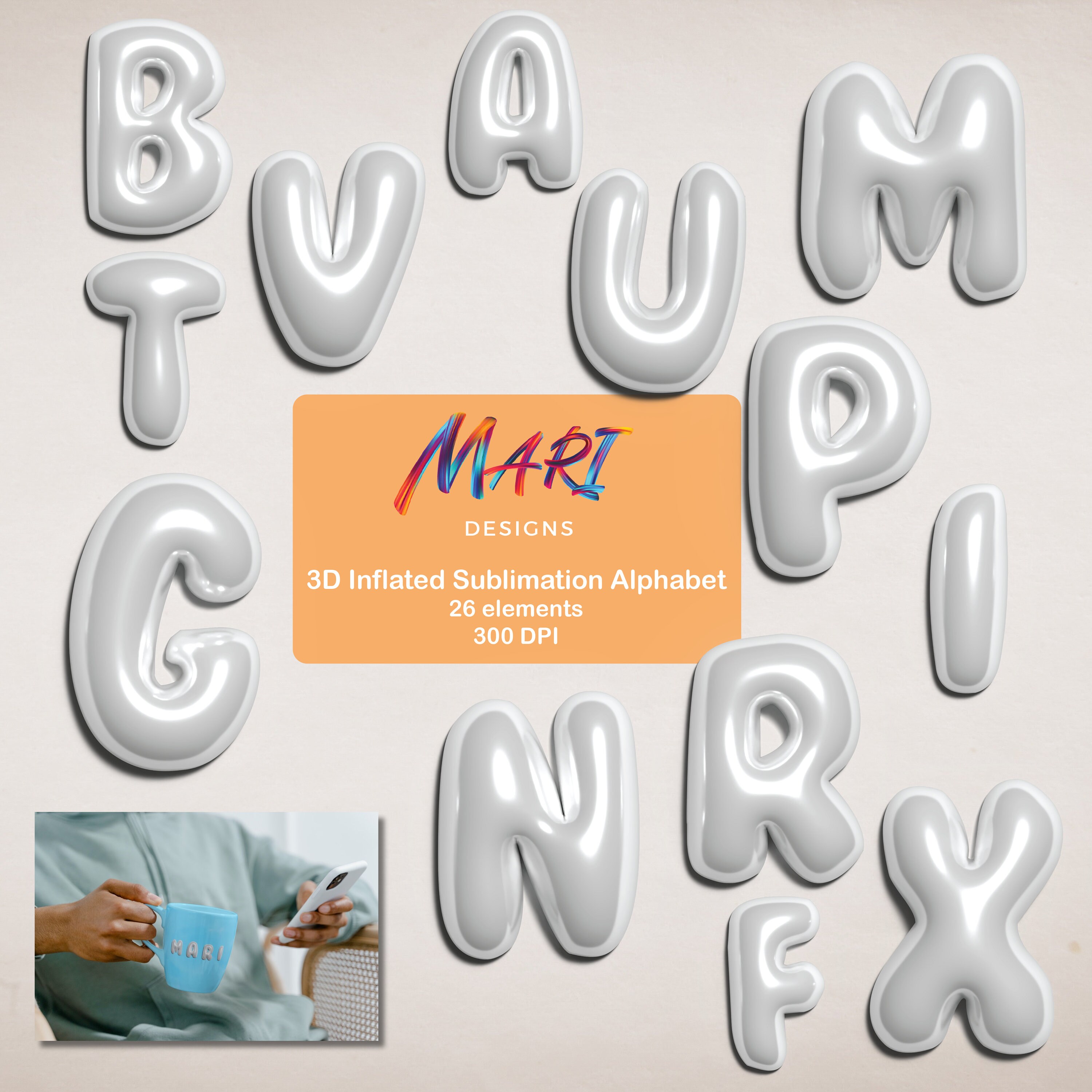 3D Letters Puffy Alphabet Sublimation Png Letters Sublimation Doodle ...