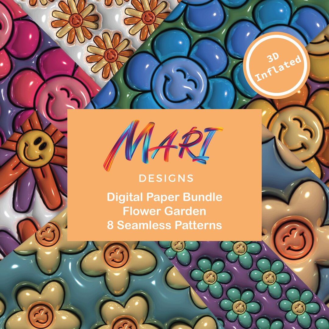 3D Inflated Flowers Puff Seamless Pattern Pack Bubble Puff Flowers Wrap ...