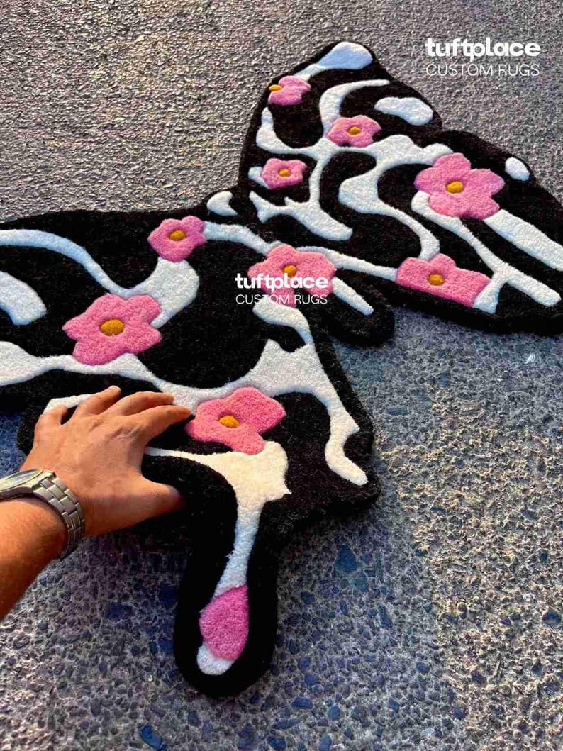 Y2K Butterfly Rug, Hand Tufted Custom Pink Floral Carpet, Edgy Alt ...