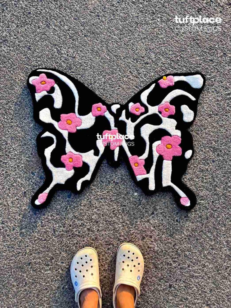 Y2K Butterfly Rug, Hand Tufted Custom Pink Floral Carpet, Edgy Alt ...