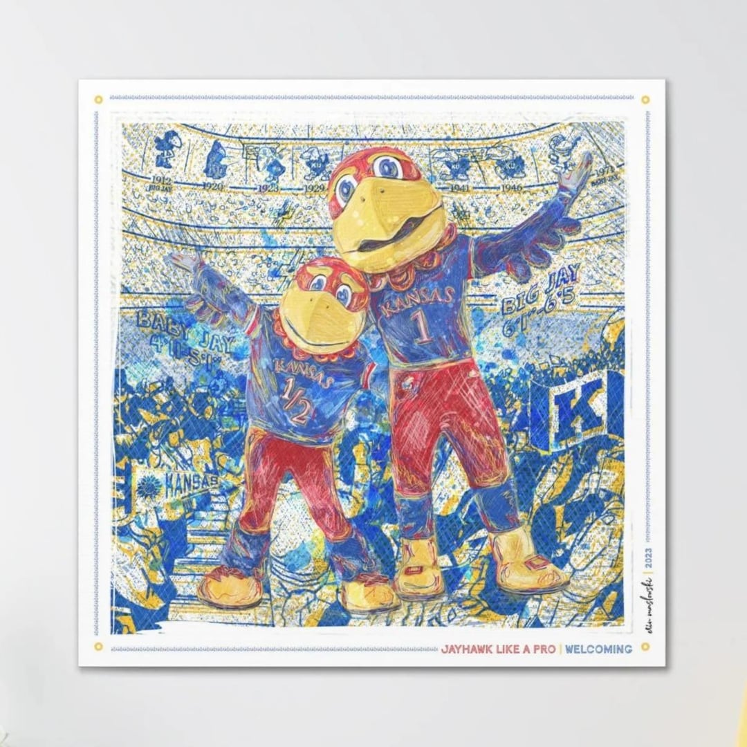 KU Jayhawks Welcoming Art: Kansas Big Jay and Baby Jay Sketches Canvas ...