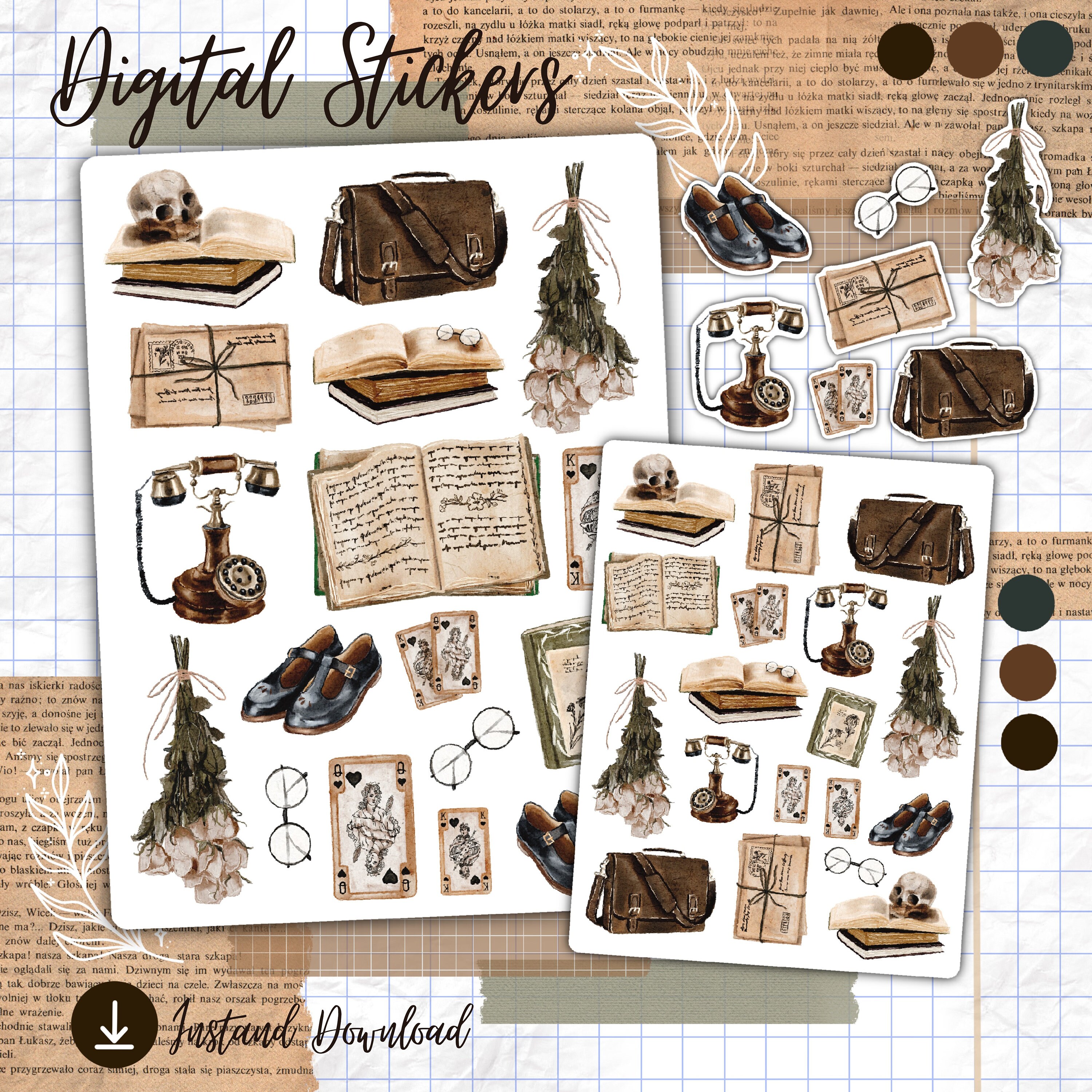 Digital Sticker Sheets Pack - Dark Academia | Bullet Journal Stickers ...