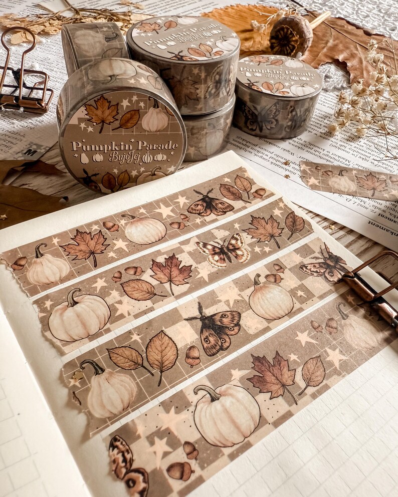 Pumpkin Parade Washi Tape – Fall Leaves, Pumpkins & Moths – 20mm Autumn ...