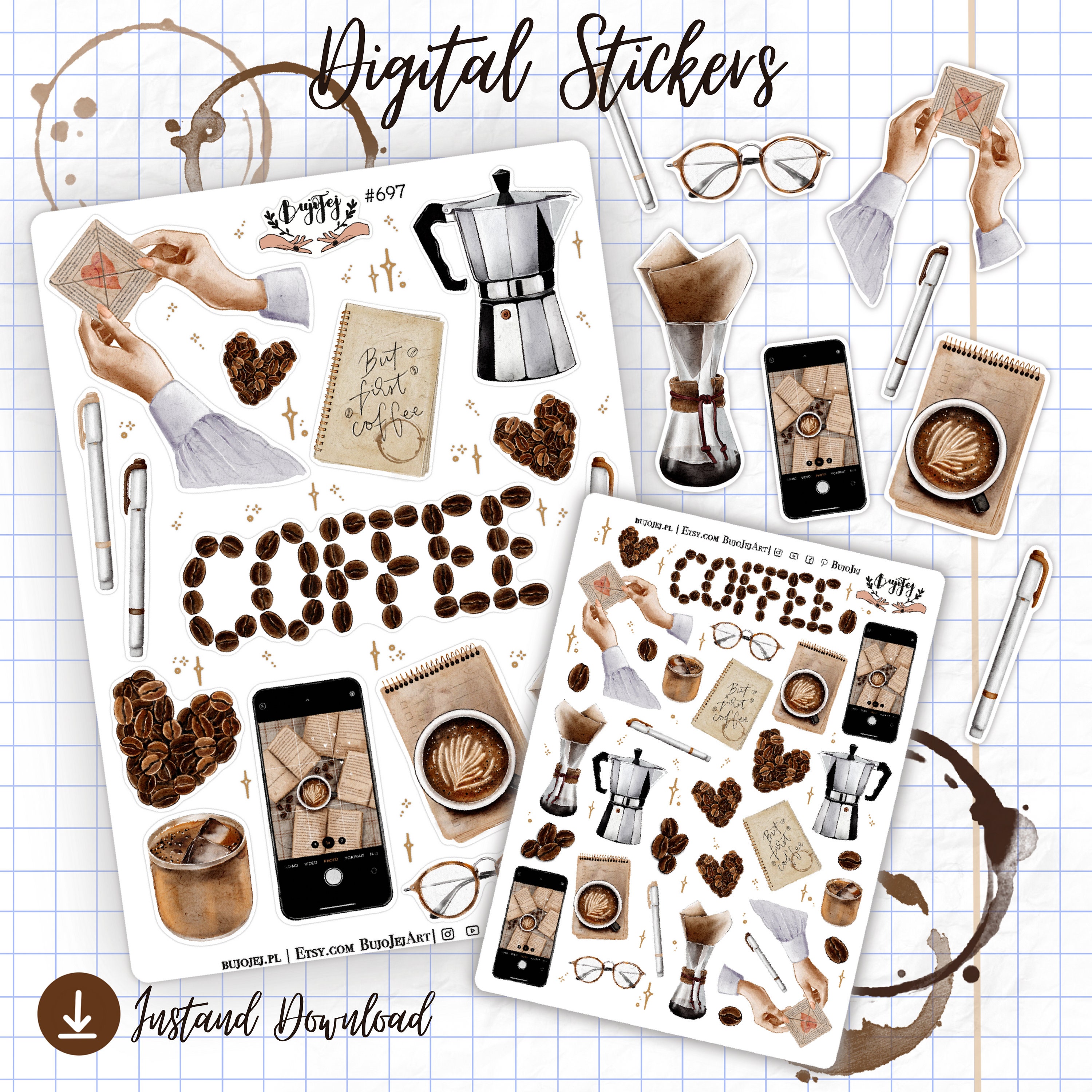 Digital Sticker Sheets Pack Coffee Lover Bullet Journal Stickers Set ...
