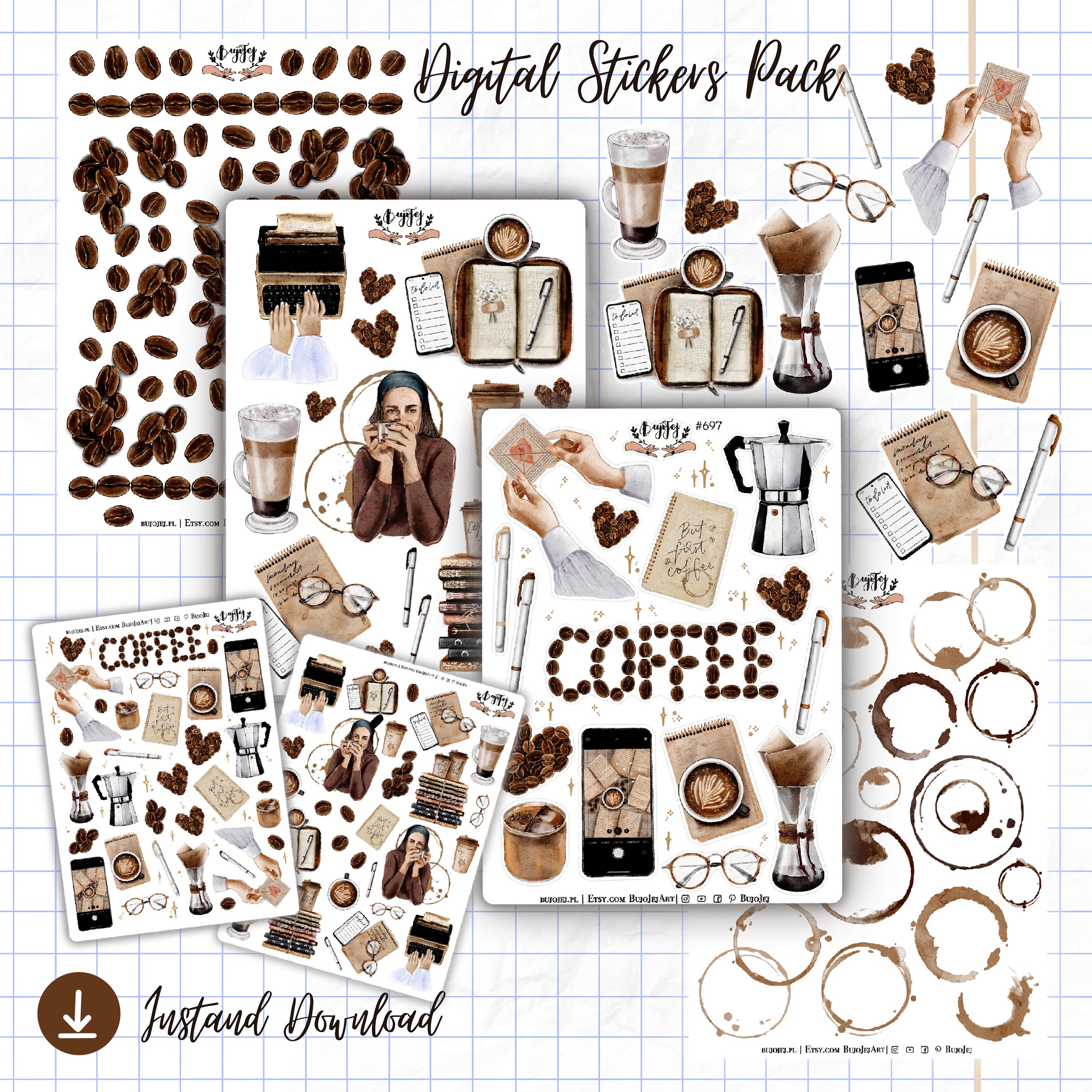 Digital Sticker Sheets Pack - Coffee Lover | Bullet Journal Stickers ...