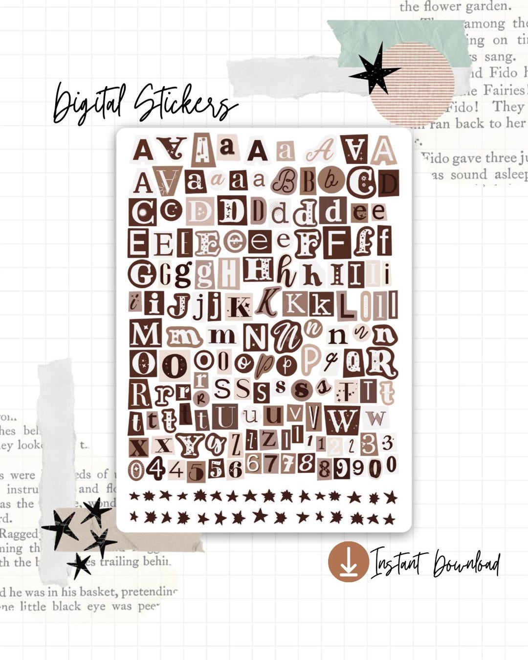 Vintage Alphabet Digital Stickers | Hand Drawn Letters & Numbers ...