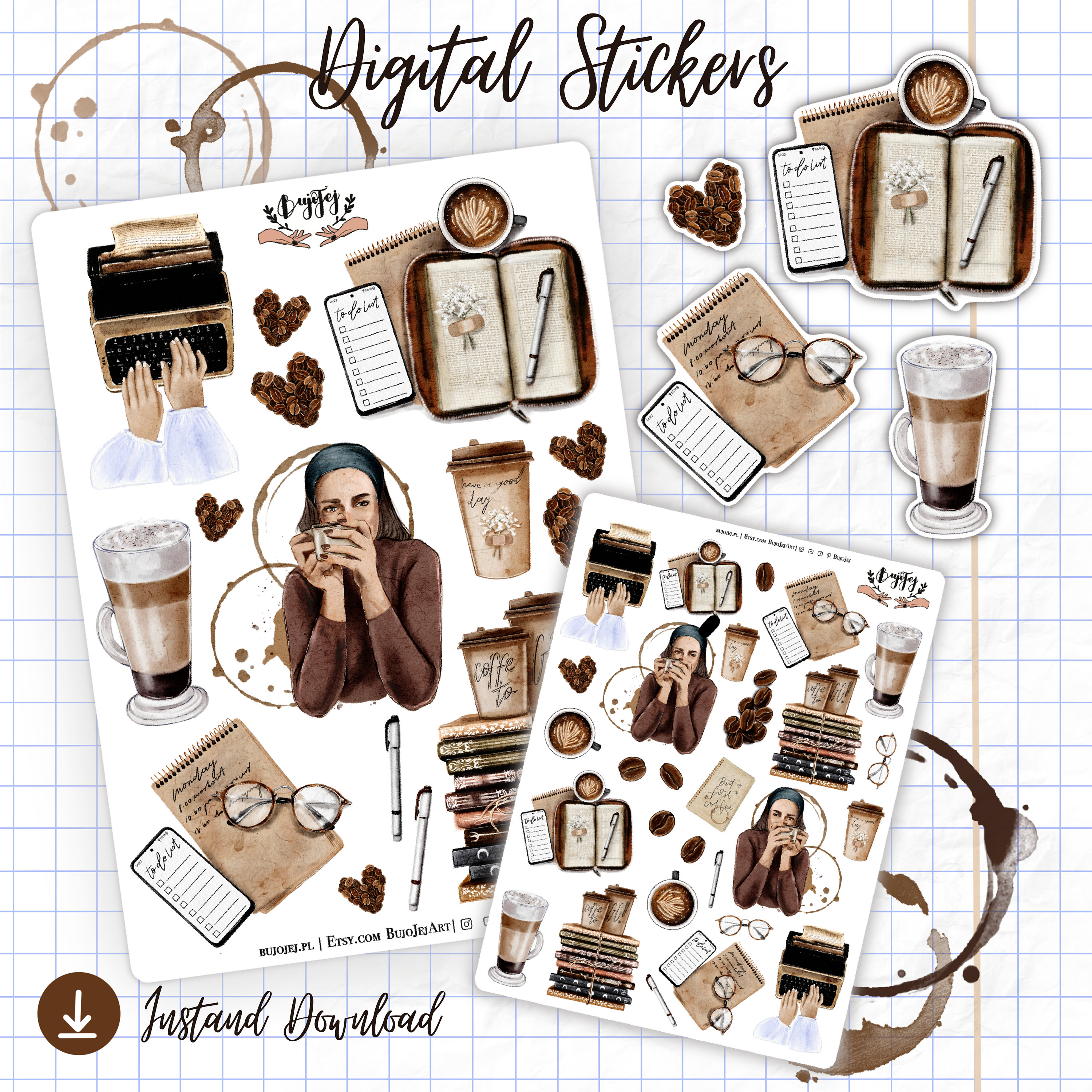 Digital Sticker Sheets Pack - Coffee Lover | Bullet Journal Stickers ...