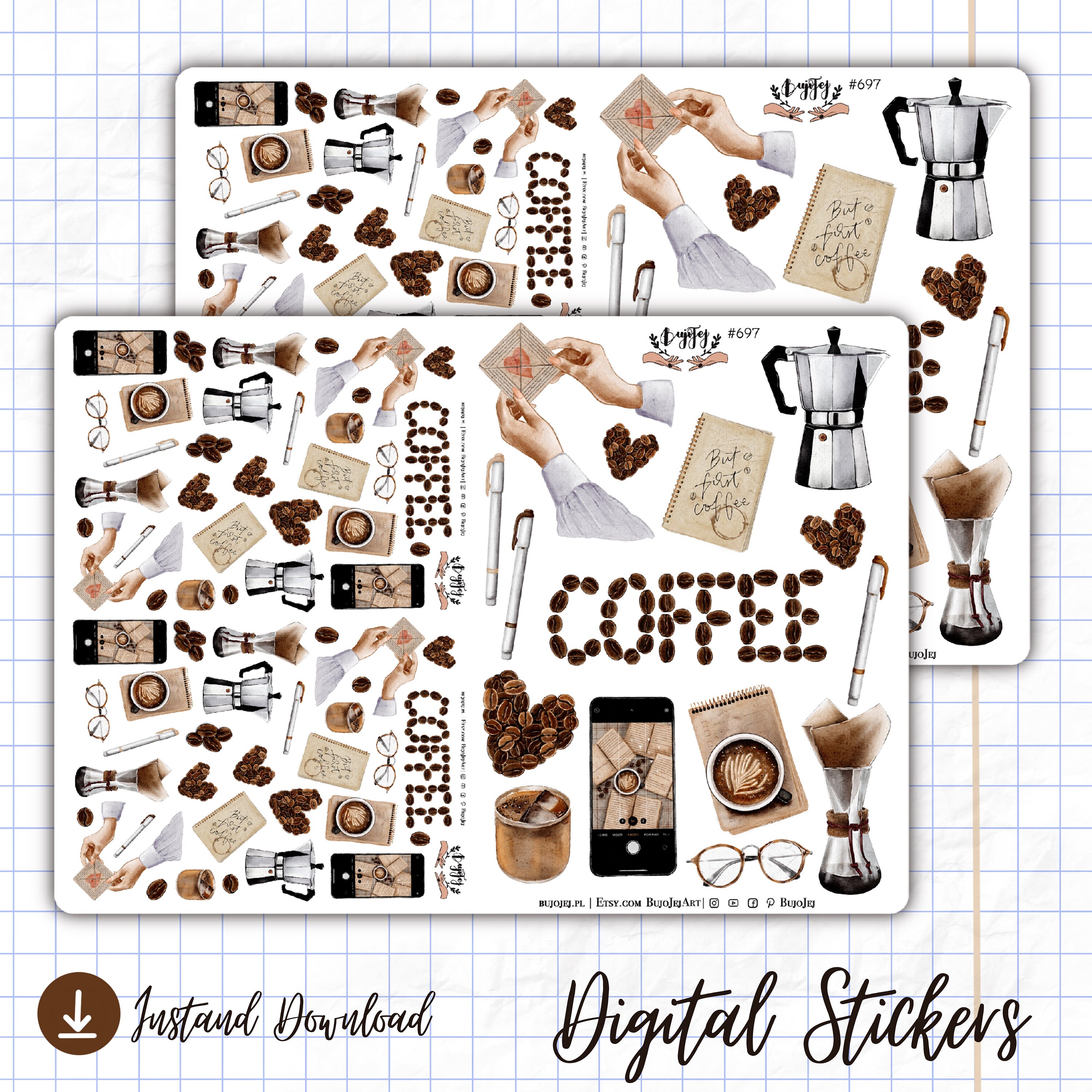 Digital Sticker Sheets Pack - Coffee Lover | Bullet Journal Stickers ...