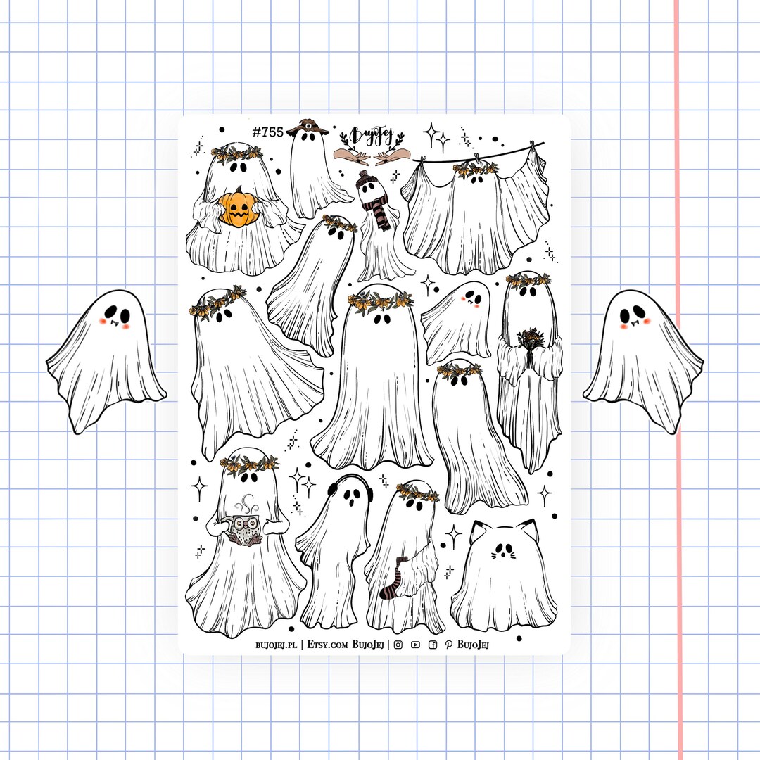 Mini Black&white Ghosts Sticker Sheet | 14 Self-adhesive Sticker for ...