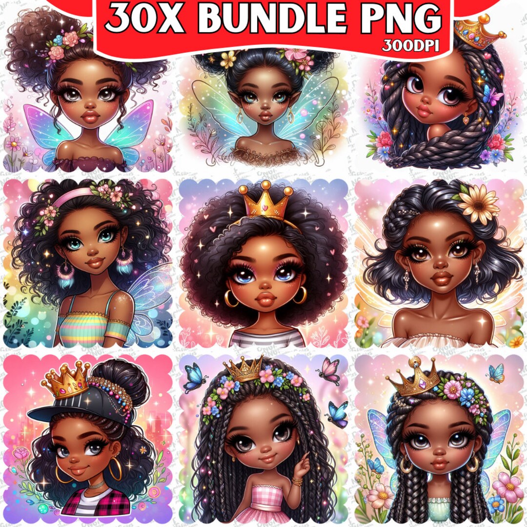 30x Afro Girl Bundle Sublimation Design PNG, Digital Download, Princess ...