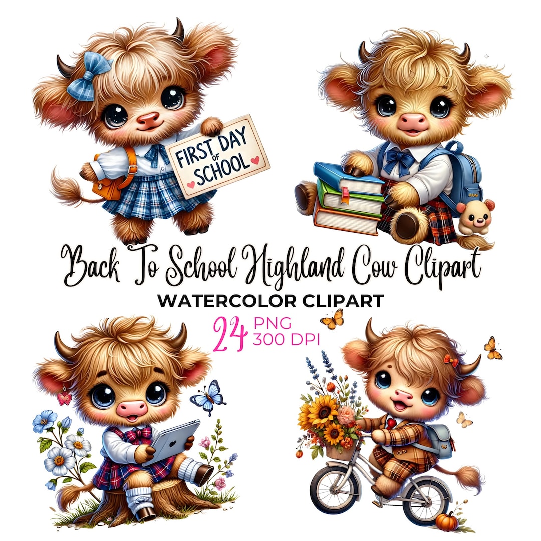 Watercolor Student Highland Cow Clipart: Back to School PNG Set ...