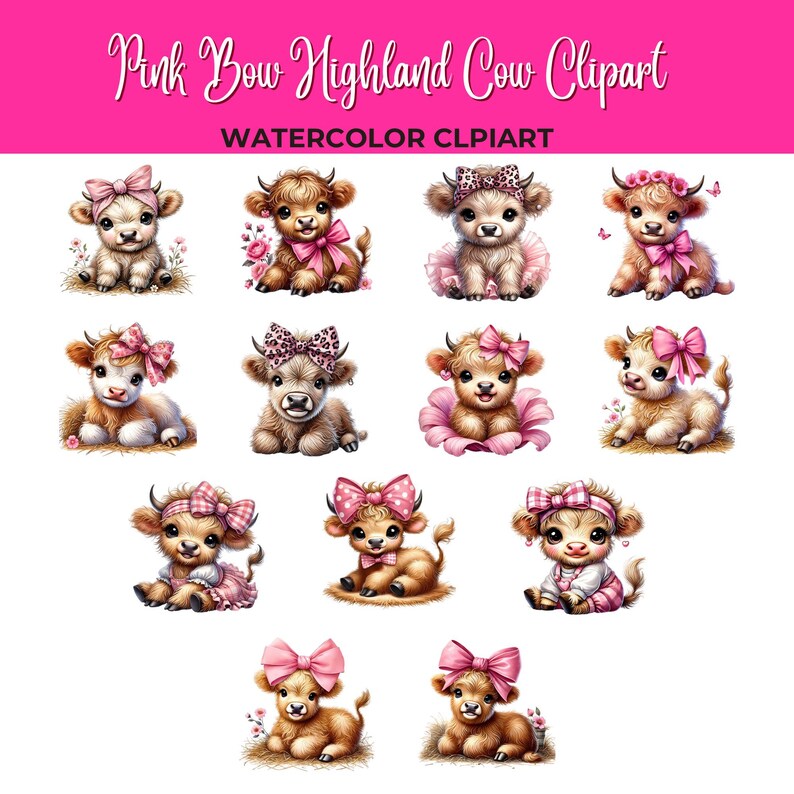 Watercolor Pink Bow Highland Cow Clipart, Cute Highland Cow PNG, Pink ...