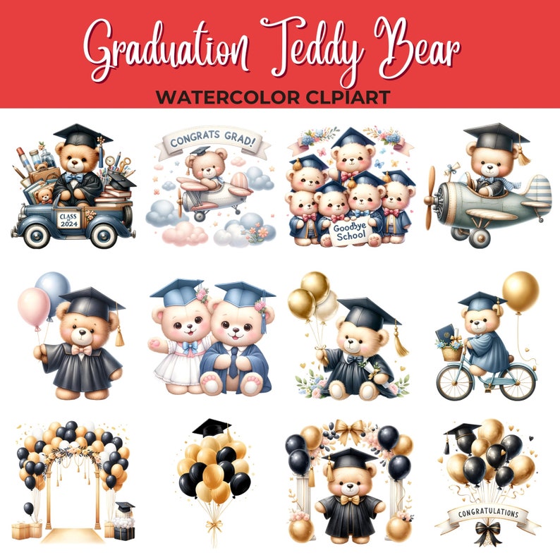 Watercolor Graduation Teddy Bear Clipart: 24 PNG Images (commercial Use ...