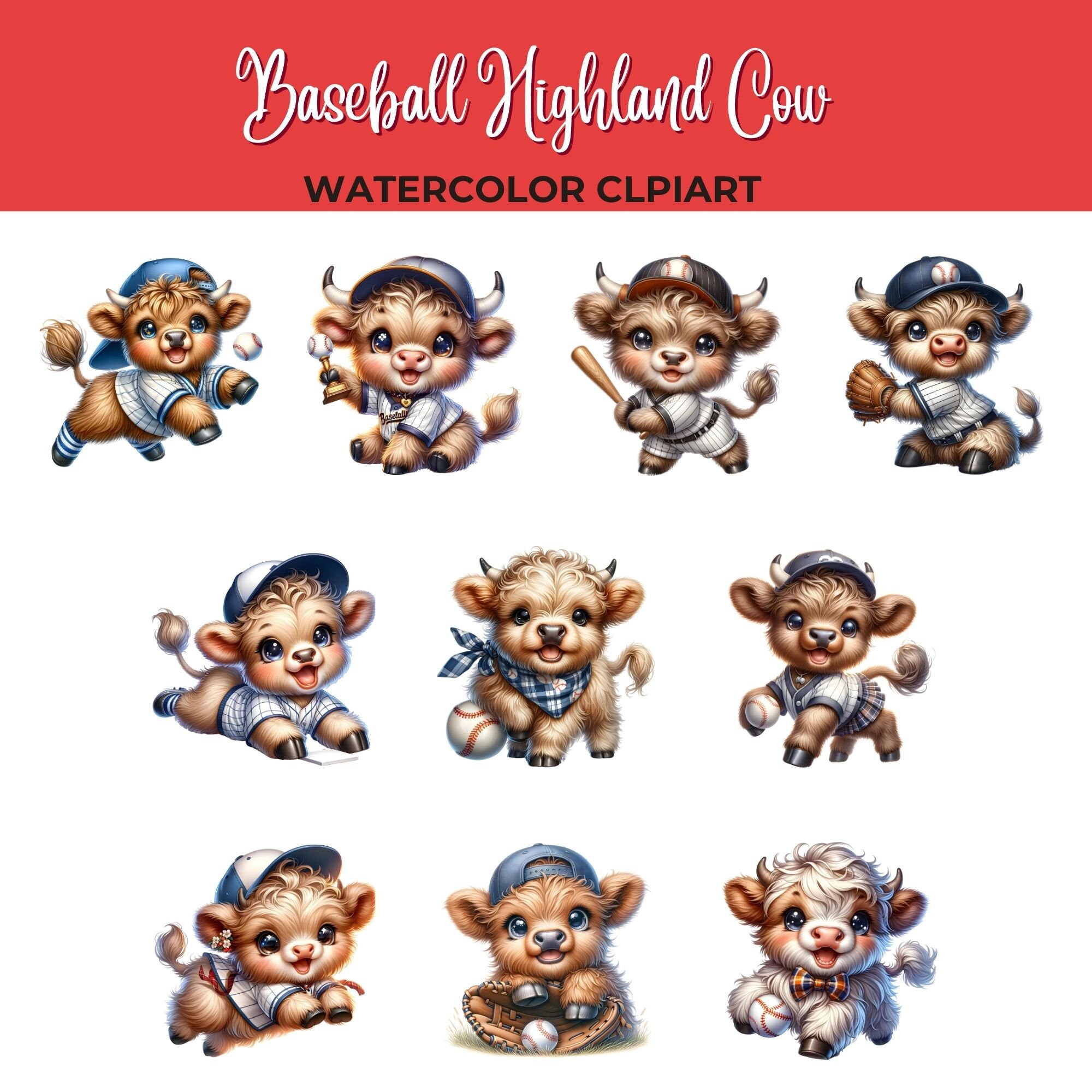 Watercolor Baseball Highland Cow Clipart, Baby Highland Cow PNG, Summer ...