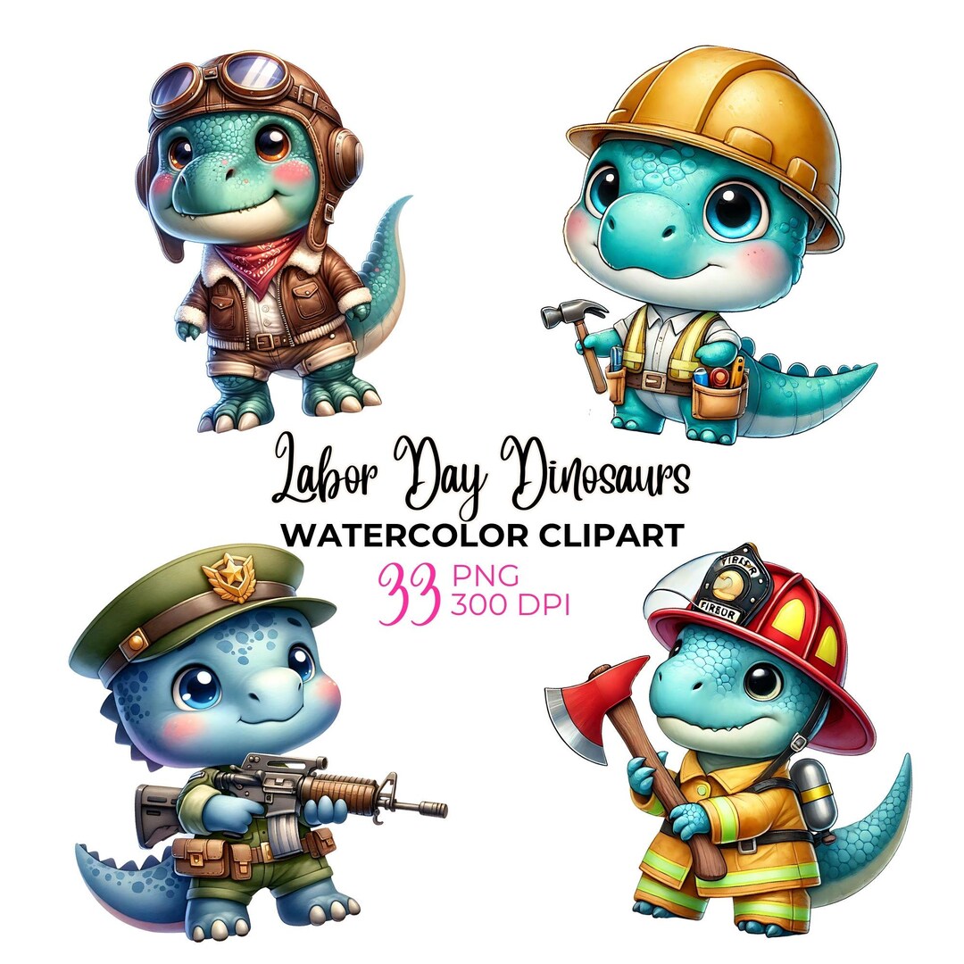 Watercolor Labor Day Cute Dinosaur Clipart, Occupations Baby Dinosaur ...