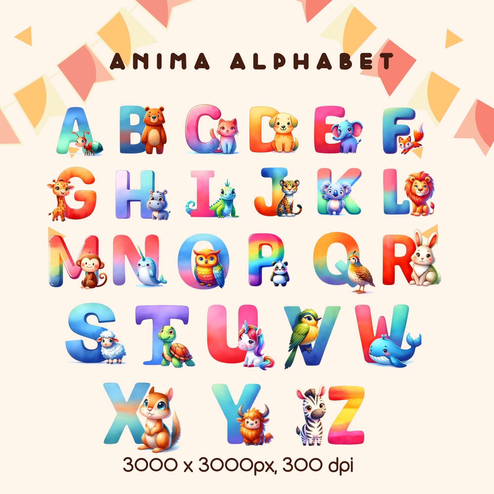 Watercolor Animal Alphabet Clipart, Education Illustration, Alphabet ...